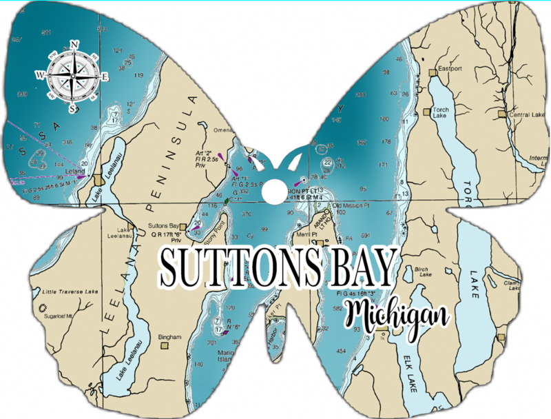 WOOD MAP ORNAMENT - BUTTERFLY SUTTONS BAY