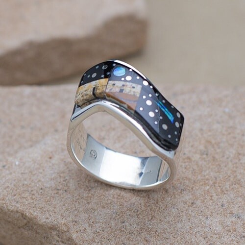 Unique wave inlay ring w/adobe pueblo design- AP 119