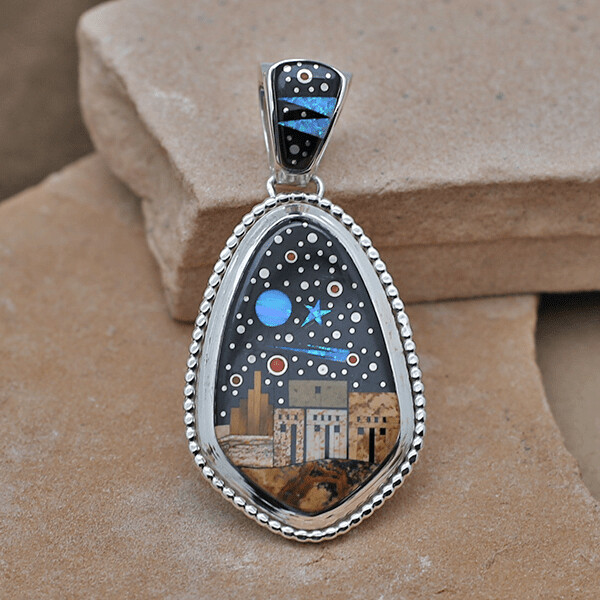 Large inlay pendant by Fred Begay w/adobe pueblo inlay