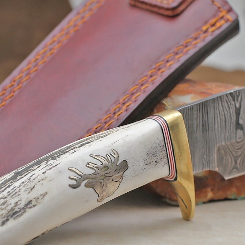Large Damascus fixed blade knife w/silver ELK inlay