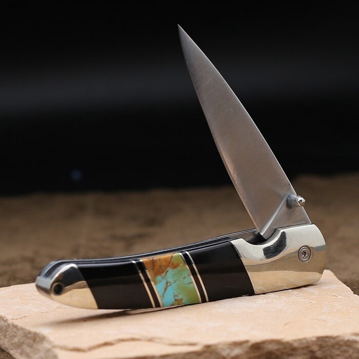 Large folding knife with onyx & turquoise inlay -SFS 120