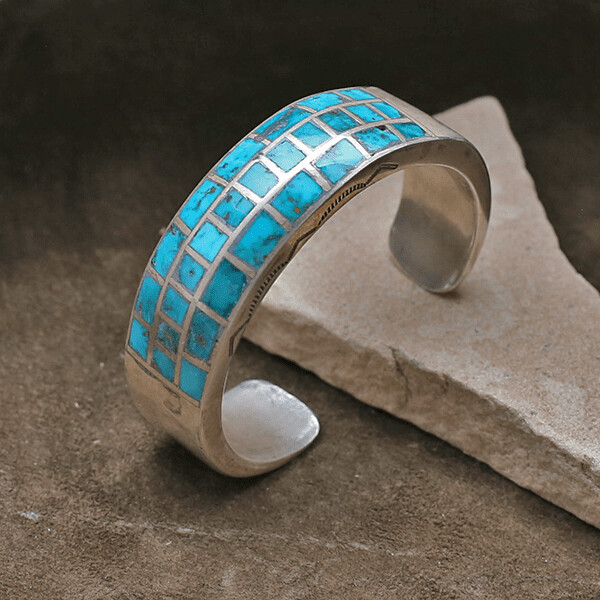 1970's Blue Gem turquoise channel inlay bracelet