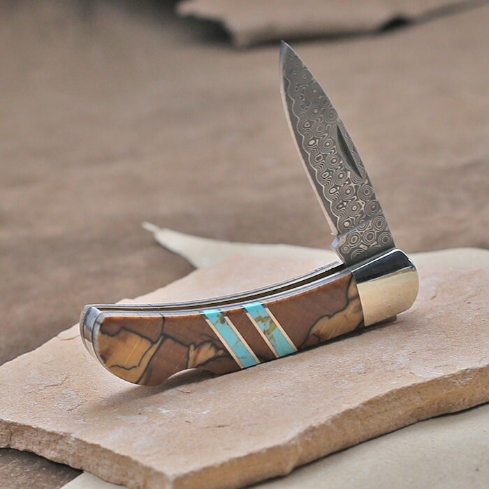 Bleech wood & turquoise inlay knife w/ Damascus blade