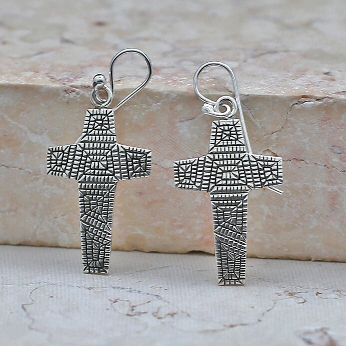 Basket weave cross dangle earrings