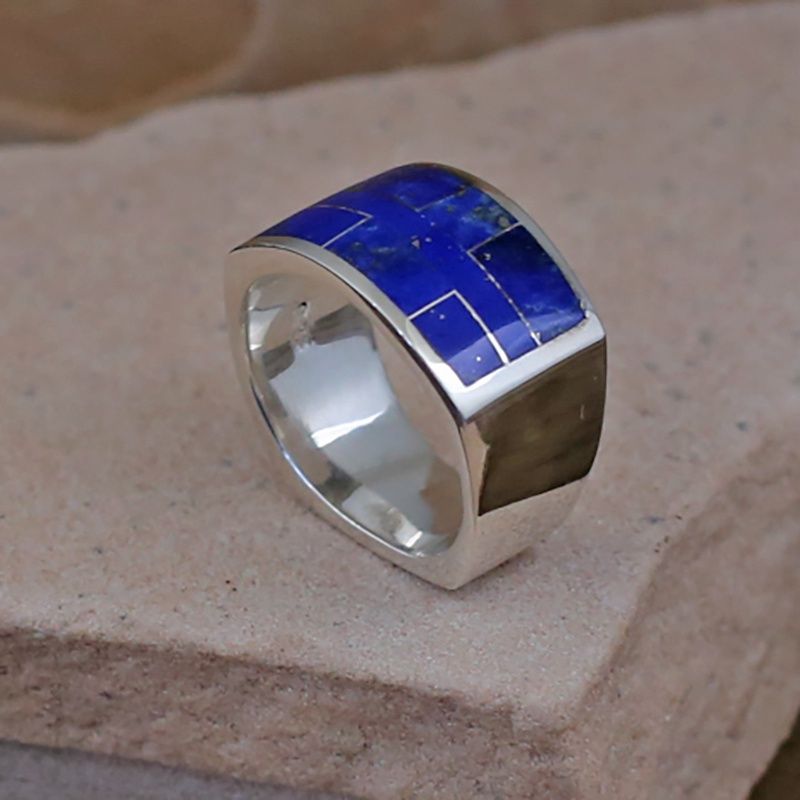 Dark Blue Lapis inlay flat bottom ring