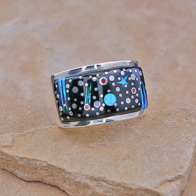 Large Navajo Inlay Night Sky Ring- Flat bottom shank