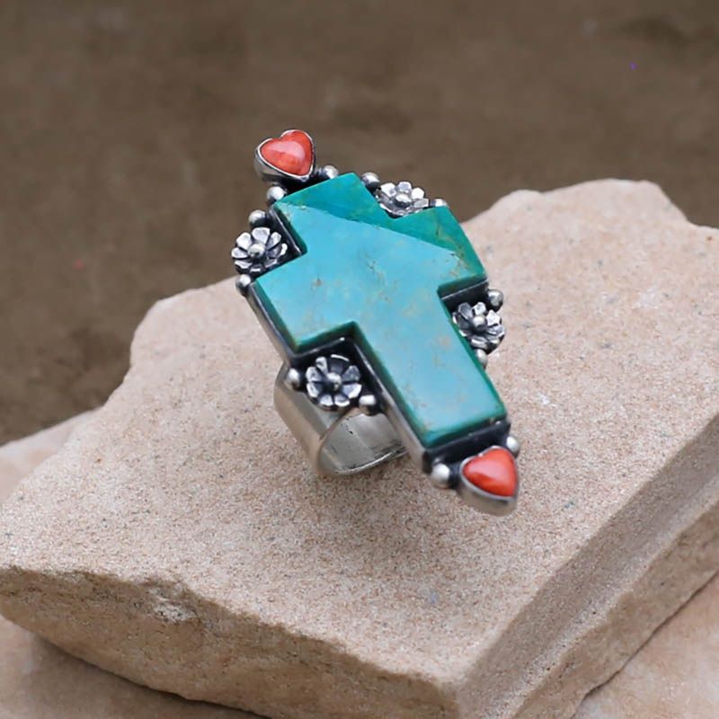 Large turquoise cross ring w/ spiny oyster hearts
