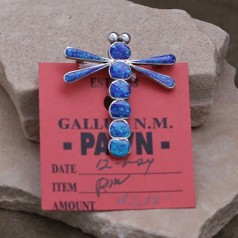 Pawn Jewelry-Zuni Dragon fly pin-pendant w/ blue cultured opals