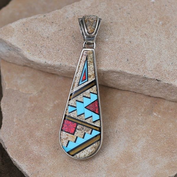 Long tear drop inlay pendant