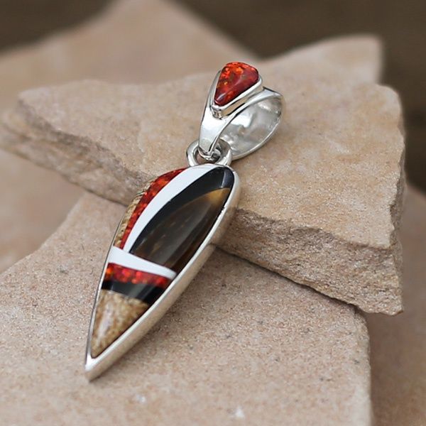 Contemporary Navajo inlay tear drop pendant