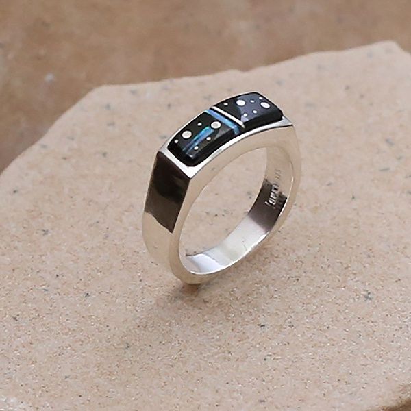 Thin inlay ring w/rectangular night sky design