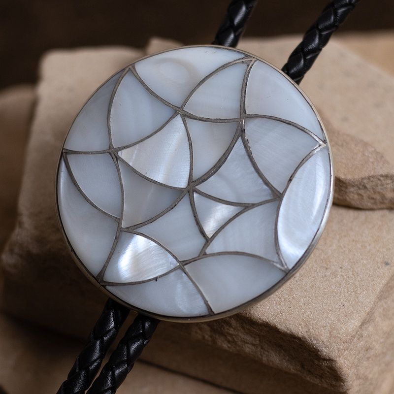 1970s Circular Mother of Pearl Inlayed Bolo Tie