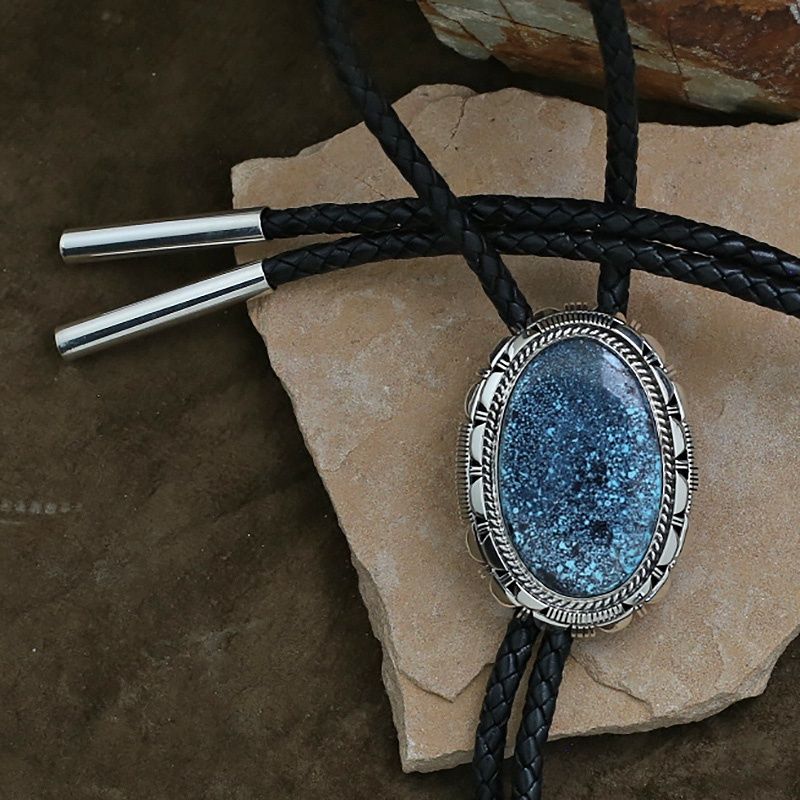 Large oval Spider web Kingman turquoise bolo tie