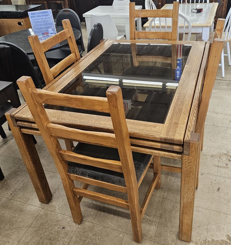 Rustic Wooden Dining Table Set with Dark Glass Top