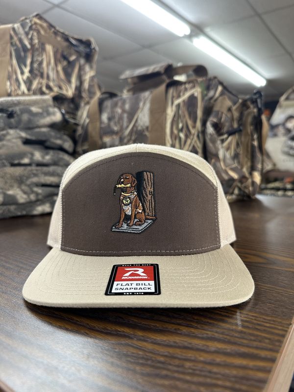 Chocolate Lab & Bumper 7 Panel Hat - Brown/Khaki