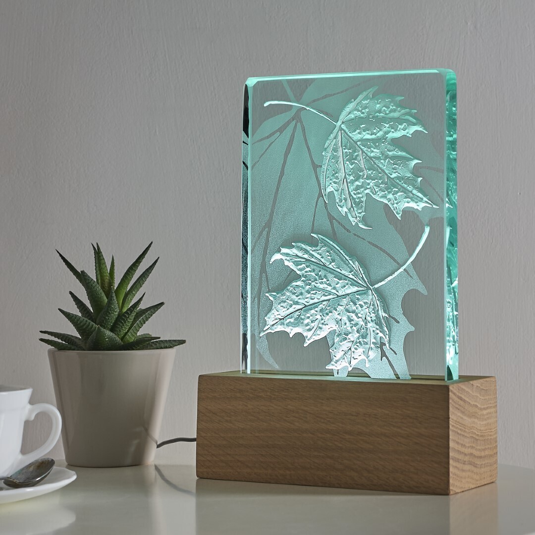 Handmade engraved sandblasted glass and wood LED table light. Leaves ...