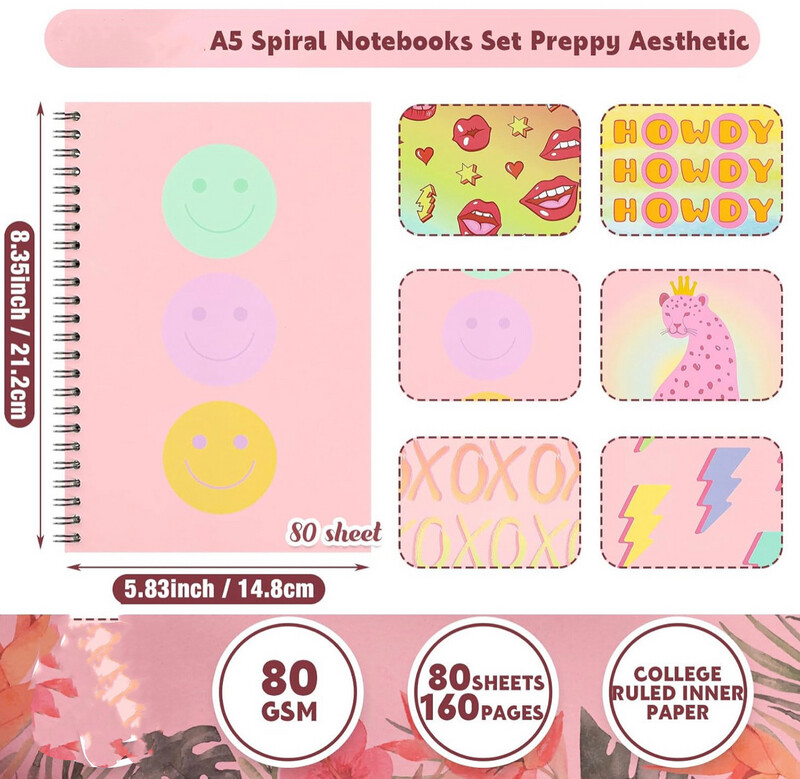 A5 Preppy Spiral Notebook Bulk 80 Pages 5.8 x 8.3 Inches