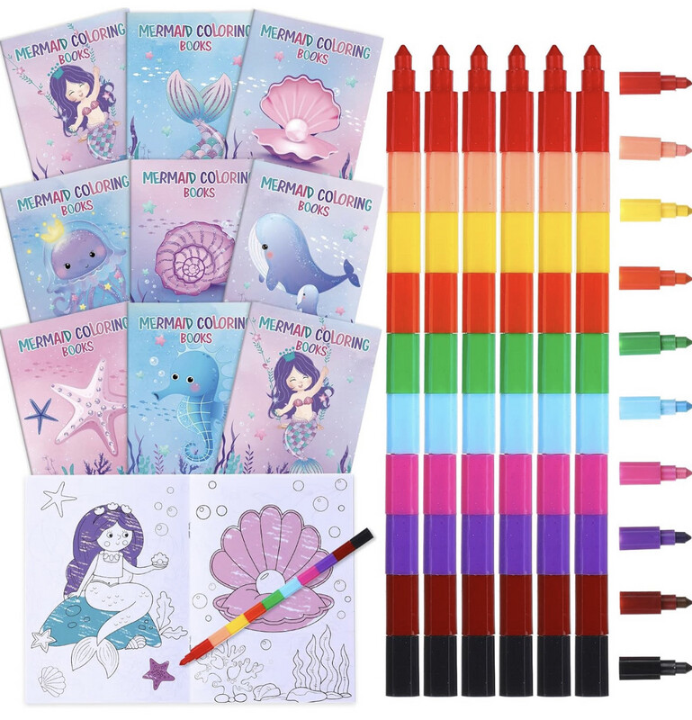24 Pcs Mermaid Coloring Books with 24 Stacking Crayons for Kids