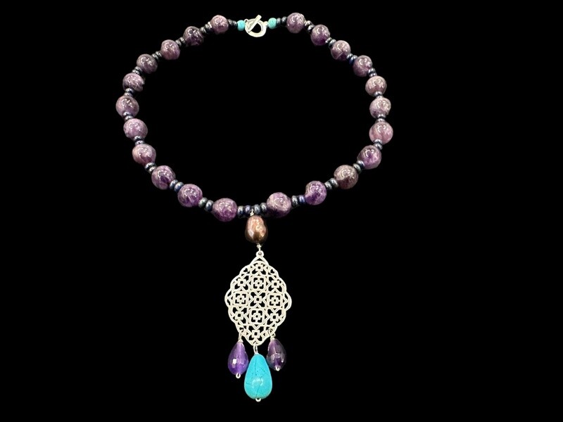 Gemstone Necklace with Arabesque Motif and Gemstone Drop
