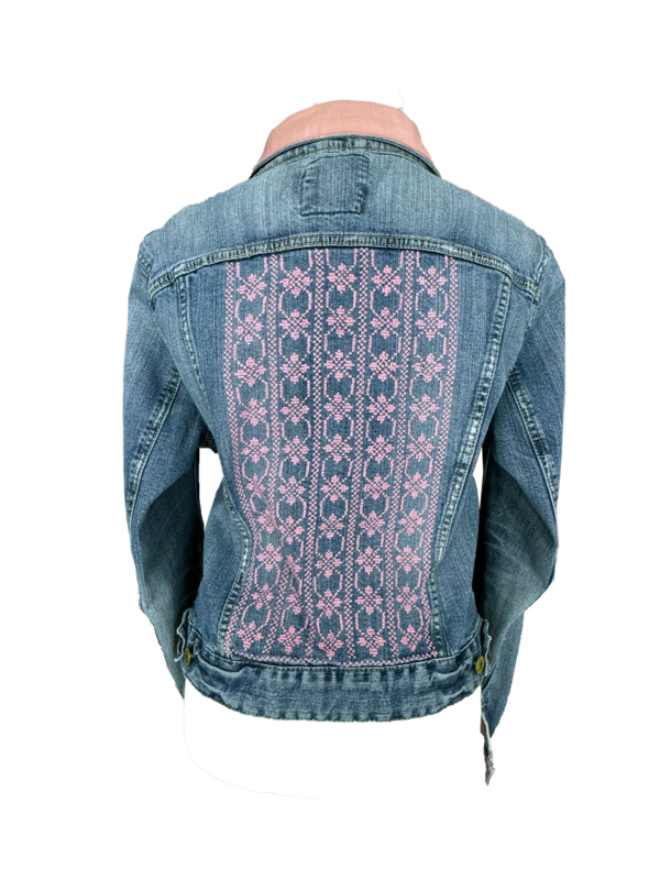 The Heavily Embroidered Denim Jacket in Pink With Raw Silk