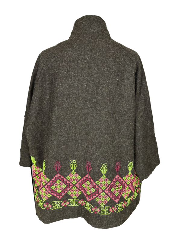 The Embroidered Round Jacket in Dark Brown With Green Embroidery