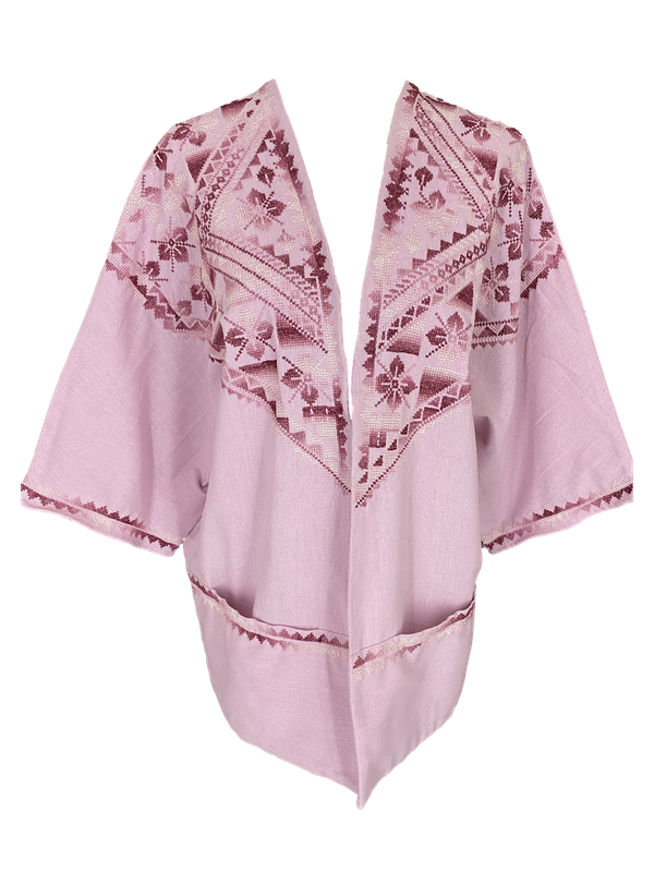 The Short Sleeve Linen Jacket With Heavy Hand Embroidery in Pink