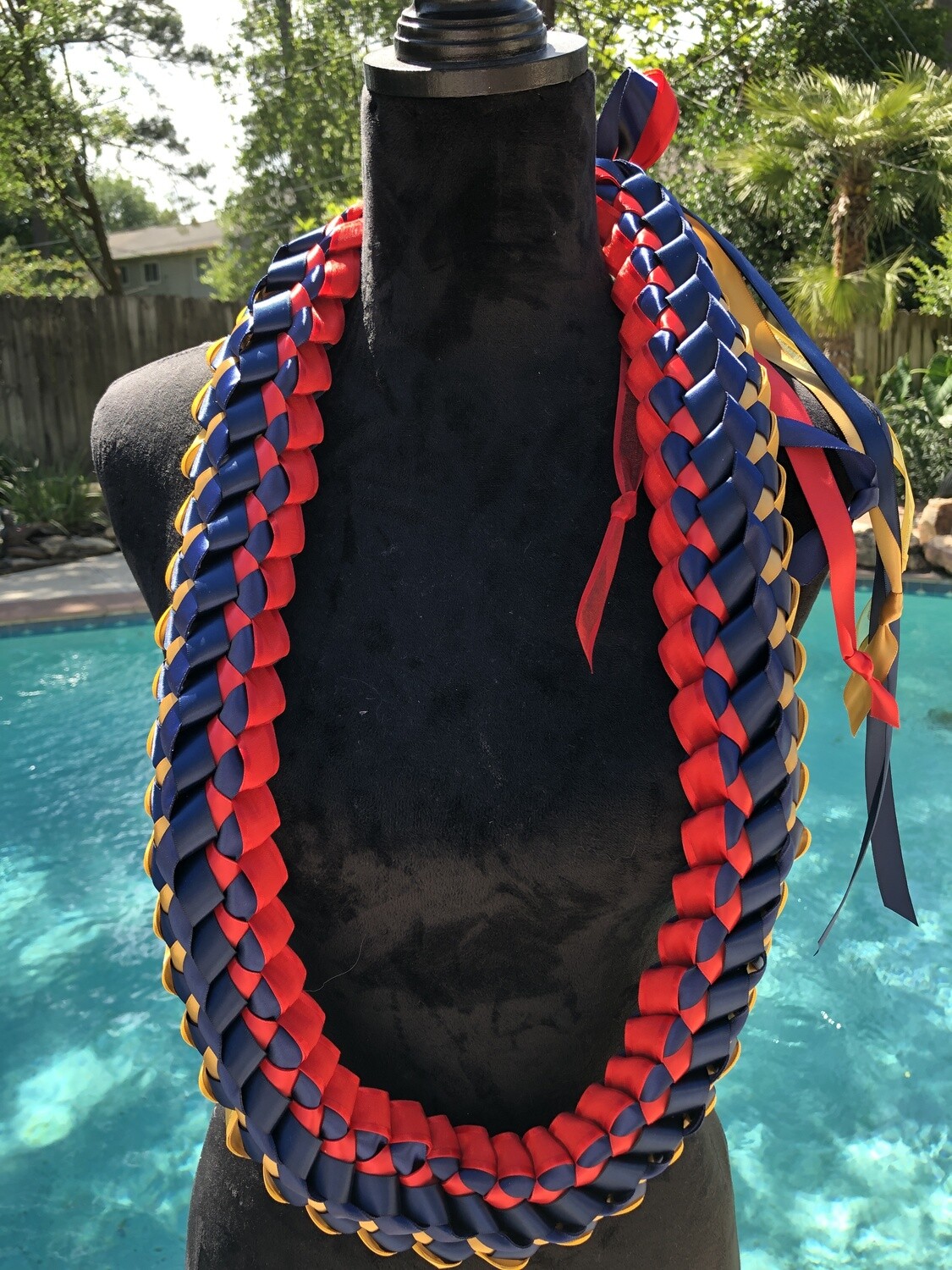Navy Blue, Red and Gold Satin Graduation Lei