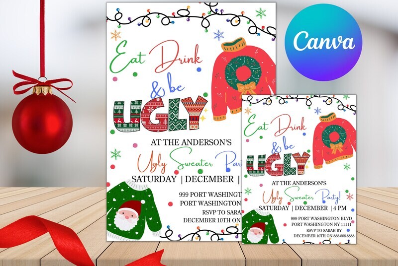 EDITABLE Christmas Eat drink and be ugly Sweater Party Invite ,Ugly ...