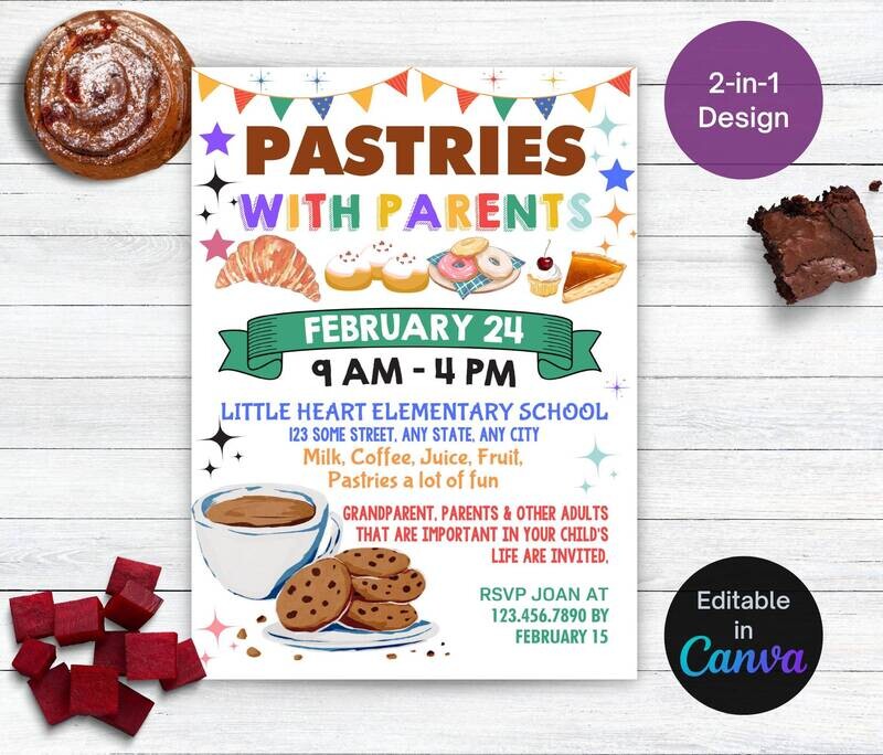 EDITABLE Pastries with parents flyer, PTA Breakfast School Fundraiser ...