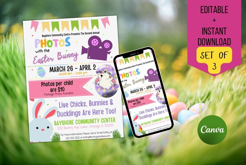 Cute Photos with the Easter Bunny Flyer, Printable Invite School, Church Community Fundraiser ...