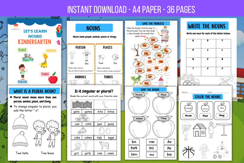 kindergarten, noun, digital worksheet, learning, grammar, language arts ...
