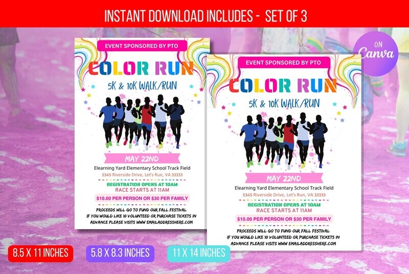 EDITABLE Color Run Invitation Flyer, School Community Fundraiser Event ...