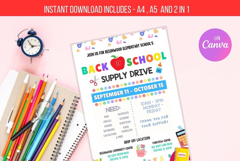EDITABLE Back To School Supply Drive Flyer Invitation PTO PTA School ...