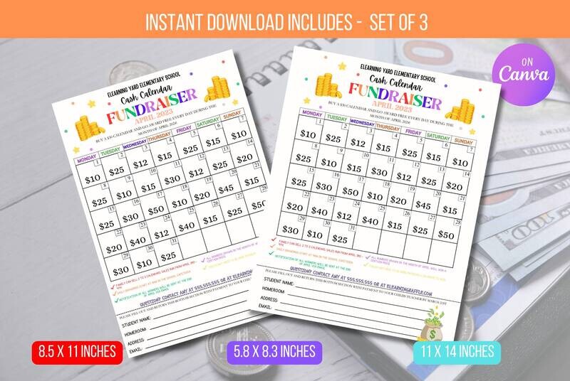 EDITABLE Cash Calendar Fundraiser Flyer Template, School Non-Profit ...