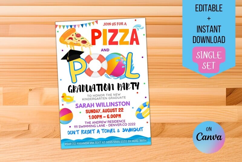 Pizza and Pool Party Graduation Invitation, Printable Grad Invite ...
