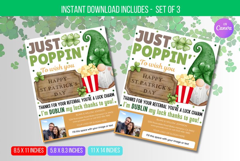 Editable St. Patrick's Day Popcorn Flyer, Just Popping By to Wish You a ...