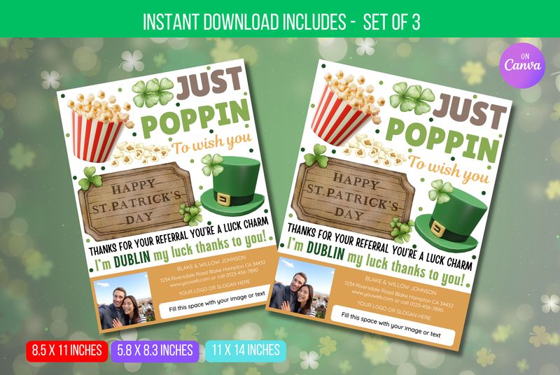Editable St. Patrick's Day Popcorn Flyer, Just Popping By to Wish You a ...