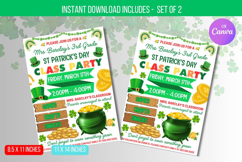 EDITABLE St Patricks Class Party Invitation, Elementary School ...