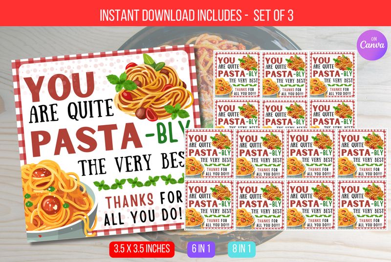EDITABLE You are Pasta-Bly the Best Square Gift Tags, Printable Gift ...