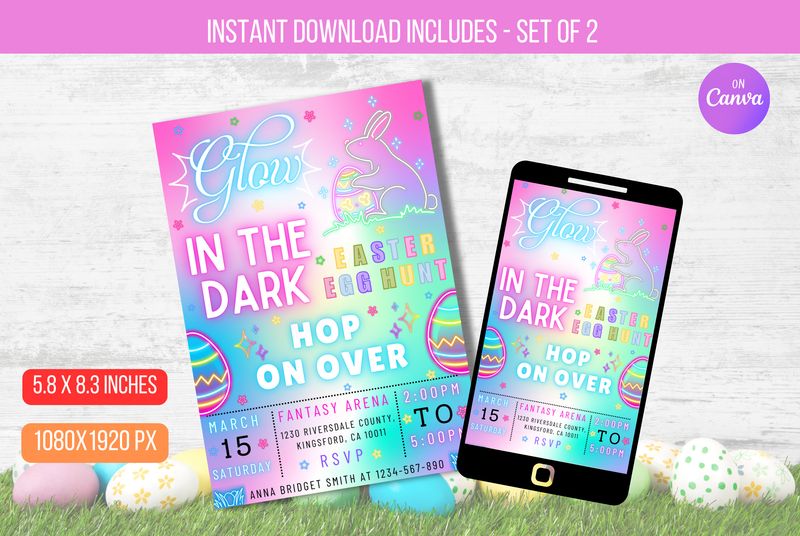 EDITABLE Glow In The Dark Easter Egg Hunt Invitation, Neon Glow Easter ...