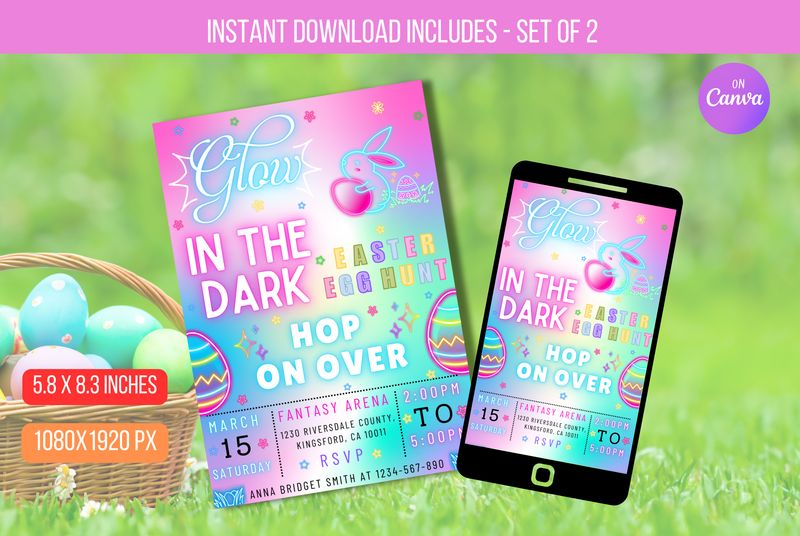 EDITABLE Glow In The Dark Easter Egg Hunt Invitation, Neon Glow Easter ...