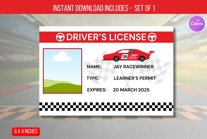 EDITABLE Race Car Drivers License Birthday Party Decorations, ID Badge ...