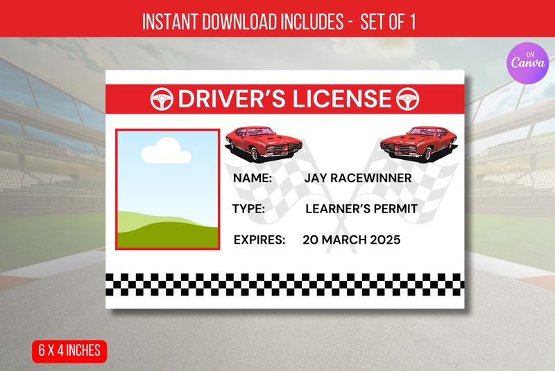 EDITABLE Race Car Drivers License Birthday Party Decorations, ID Badge ...
