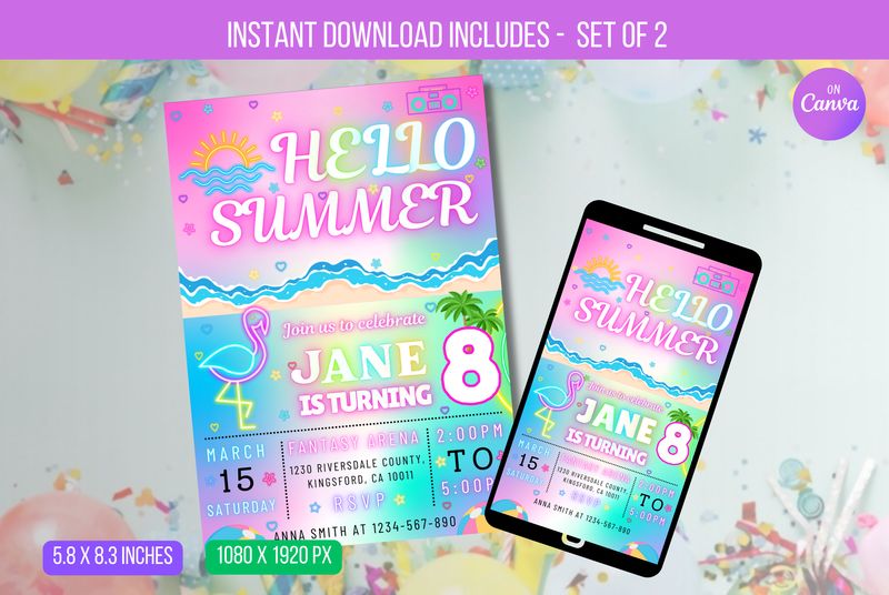 EDITABLE Hello Summer Party Invitation, Summer Birthday Party, Neon ...