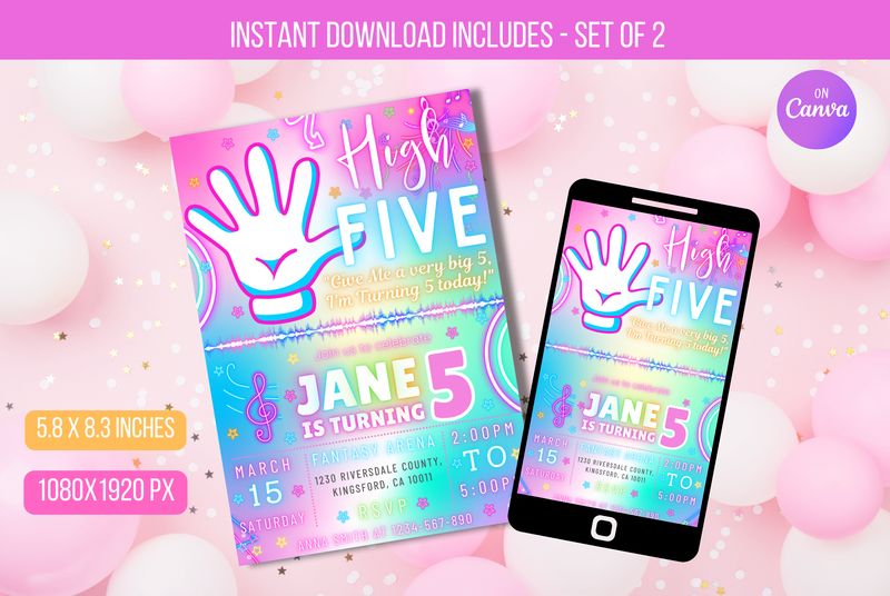 EDITABLE High Five Birthday Party Invitation Neon Glow, Neon E-vite, Hi ...