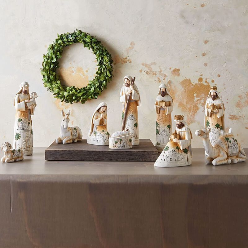 Palm Tree Pattern Wood Nativity Set 10 pieces, 8" tall