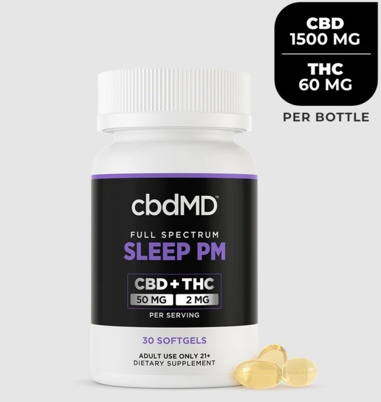 cbdMD Full Spectrum Sleep PM – 50mg CBD + 2mg THC | Restful & Natural Sleep