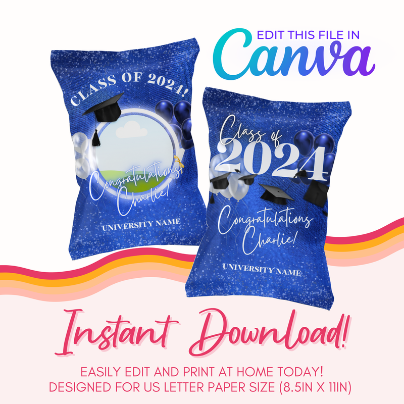 Graduation Chip Bag Canva Template: Blue Sparkles