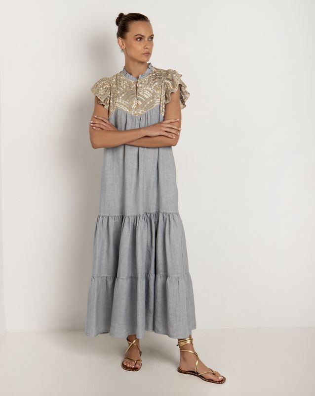 Greek Archaic Ruffle Sleeve Maxi Dress