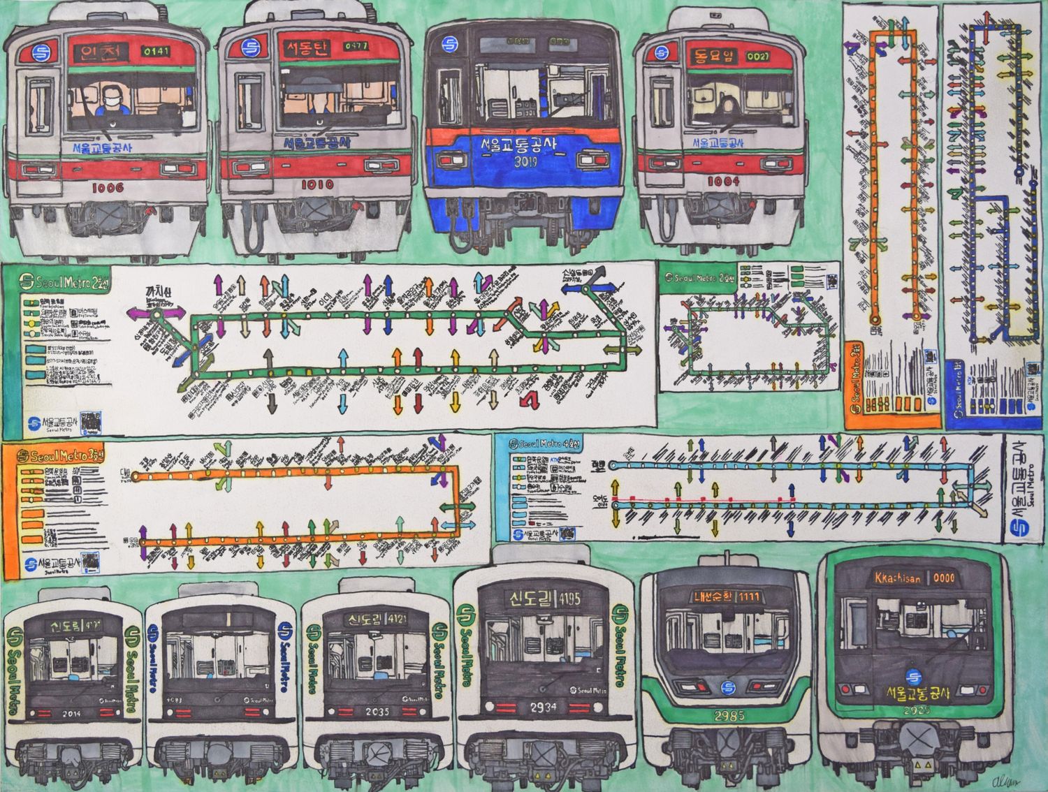 The trains and route maps of Seoul Metro lines 1, 2, 3, and 4 (dark ...